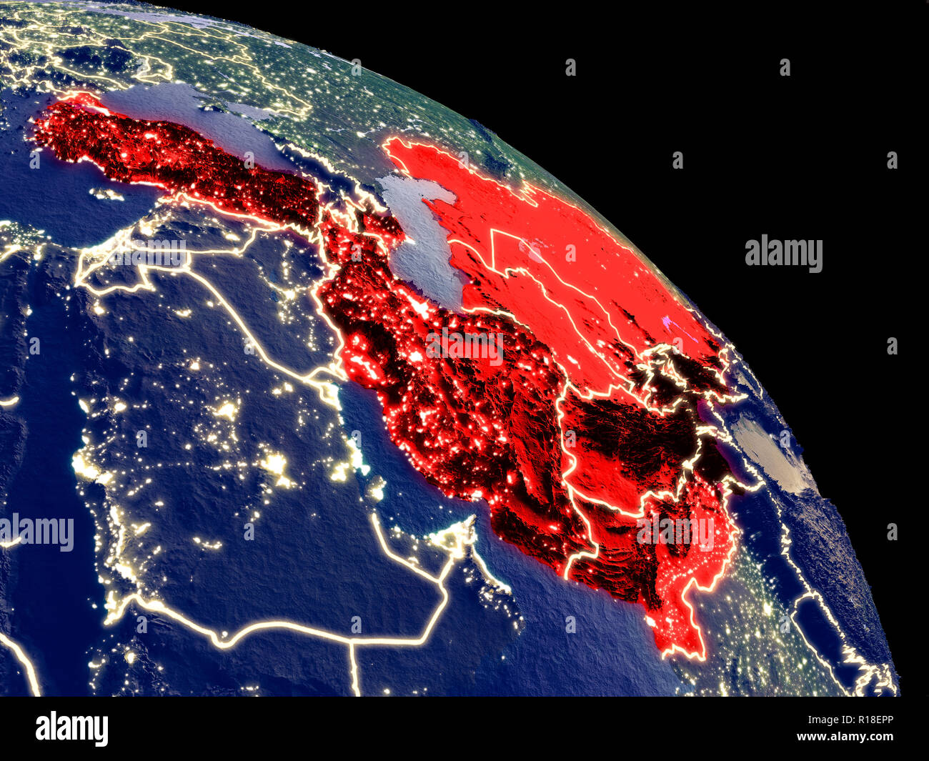 ECO member states at night from orbit. Plastic planet surface with ...