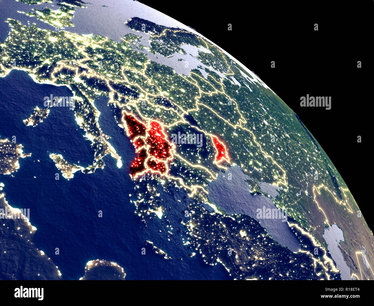 CEFTA countries at night from orbit. Plastic planet surface with ...
