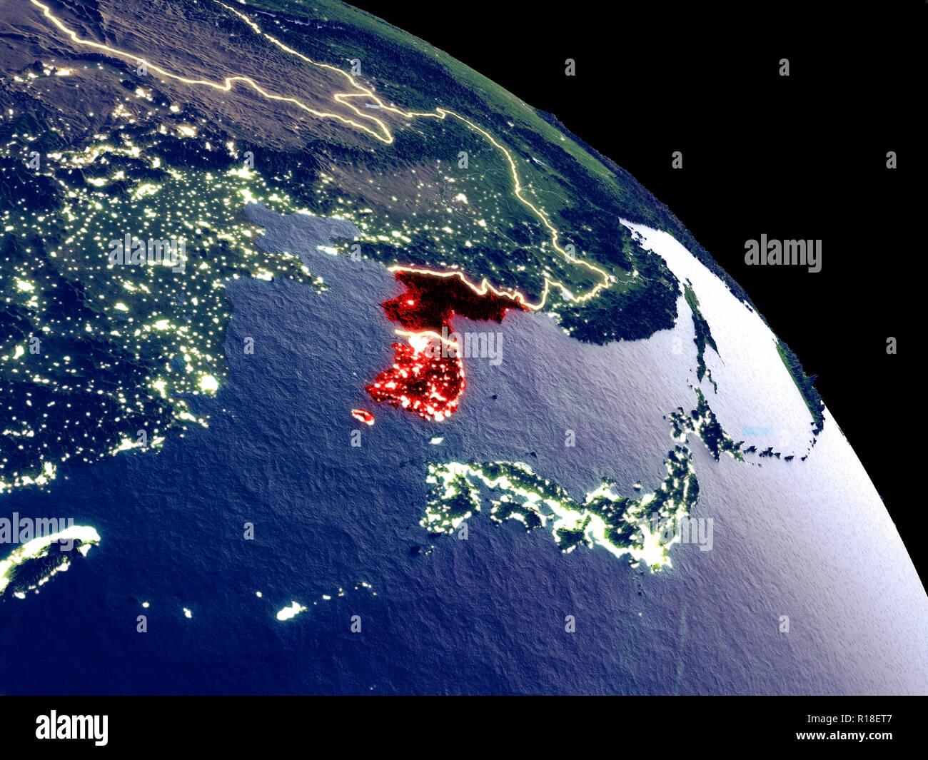 Korea at night from orbit. Plastic planet surface with visible city ...