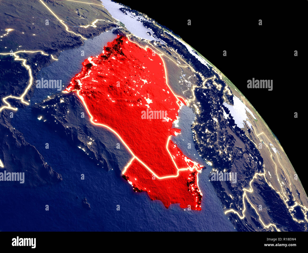 CCASG countries at night from orbit. Plastic planet surface with ...