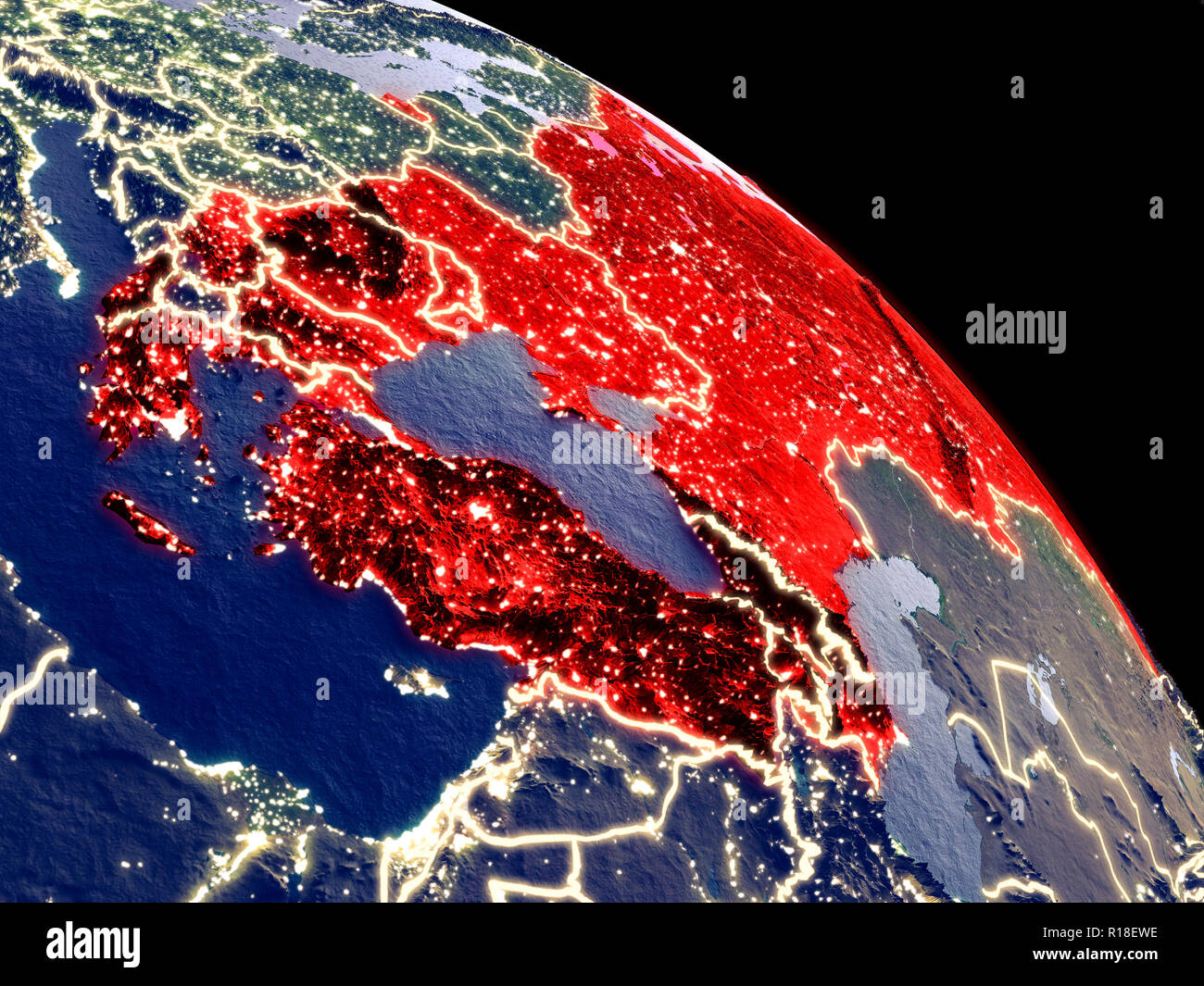 BSEC countries at night from orbit. Plastic planet surface with visible ...
