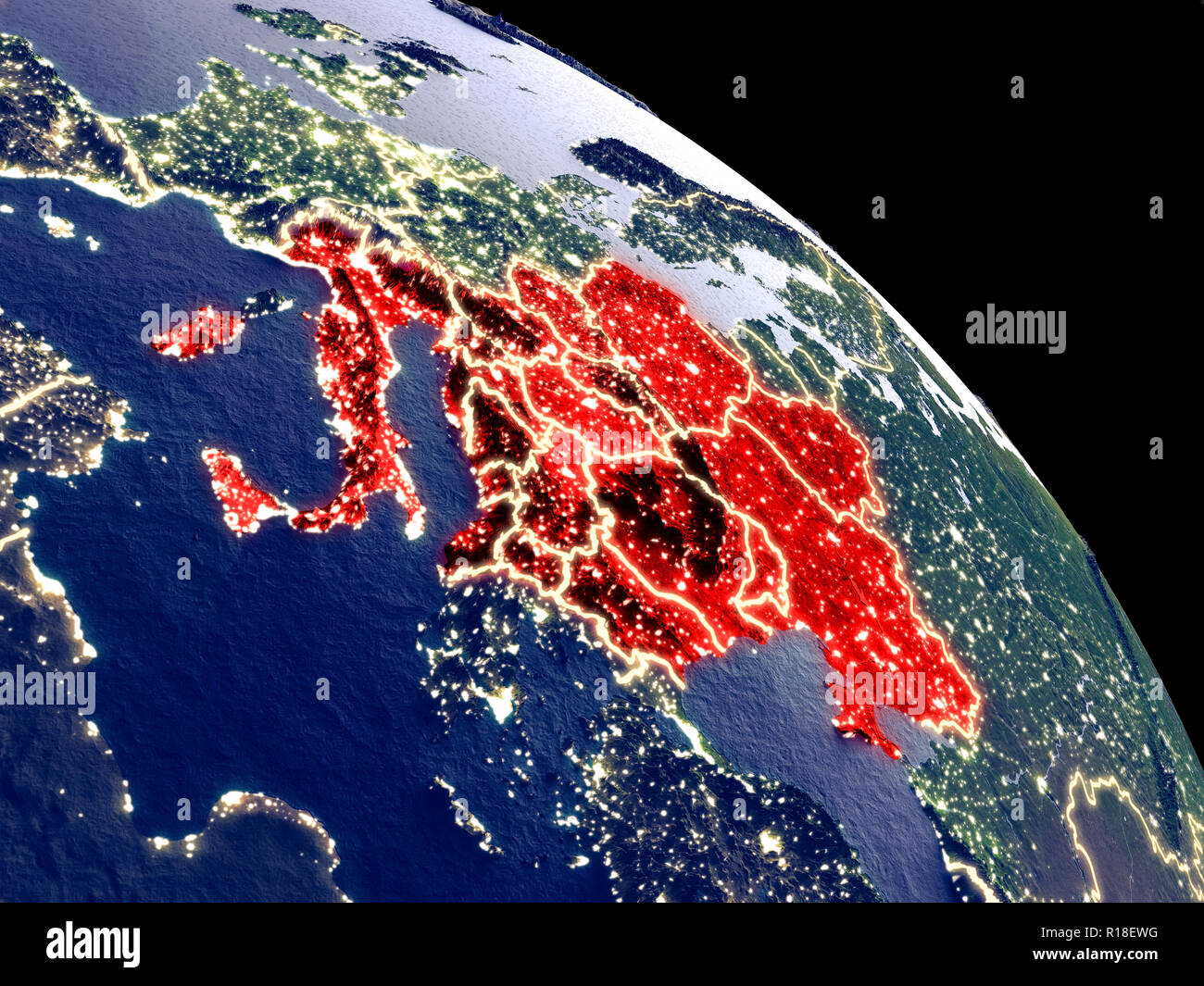 CEI countries at night from orbit. Plastic planet surface with visible ...