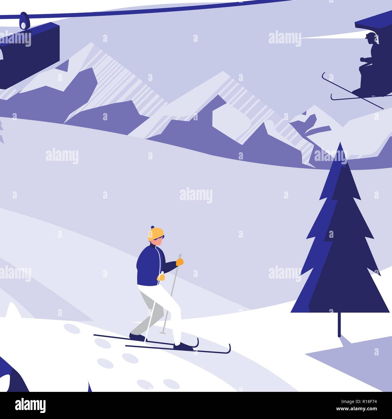 snow landscape with man skiing, colorful design. vector illustration ...