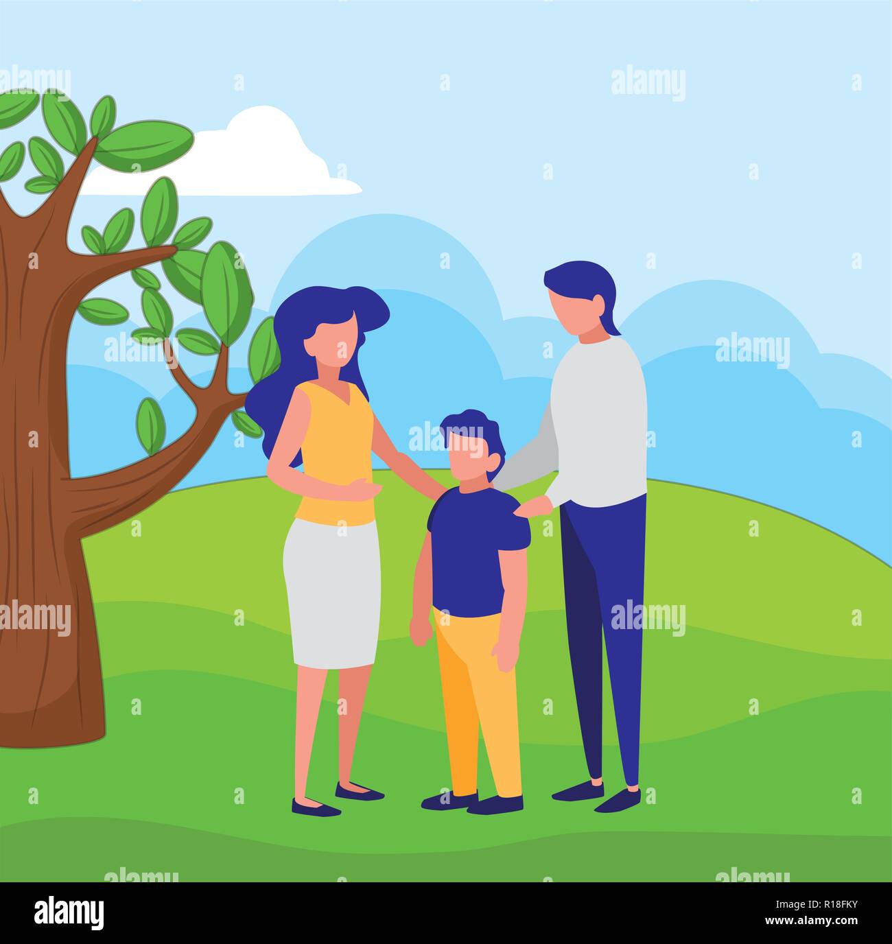 Happy family with kids over landscape, colorful design. vector ...