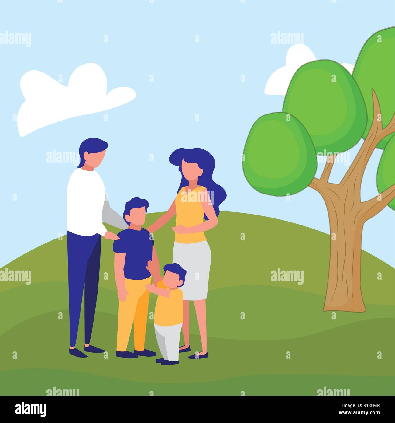 Happy family with kids over landscape, colorful design. vector ...