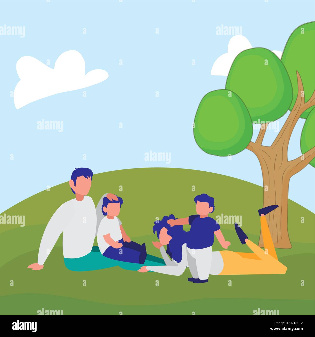 Happy family with kids over landscape, colorful design. vector ...