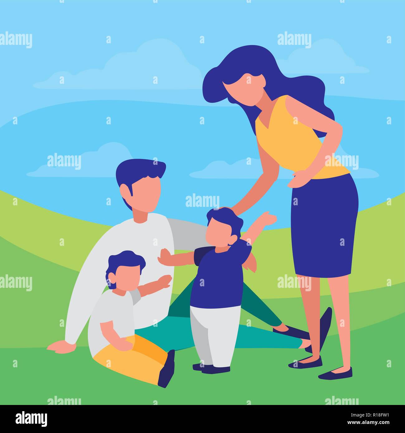 Happy family with kids over landscape, colorful design. vector ...