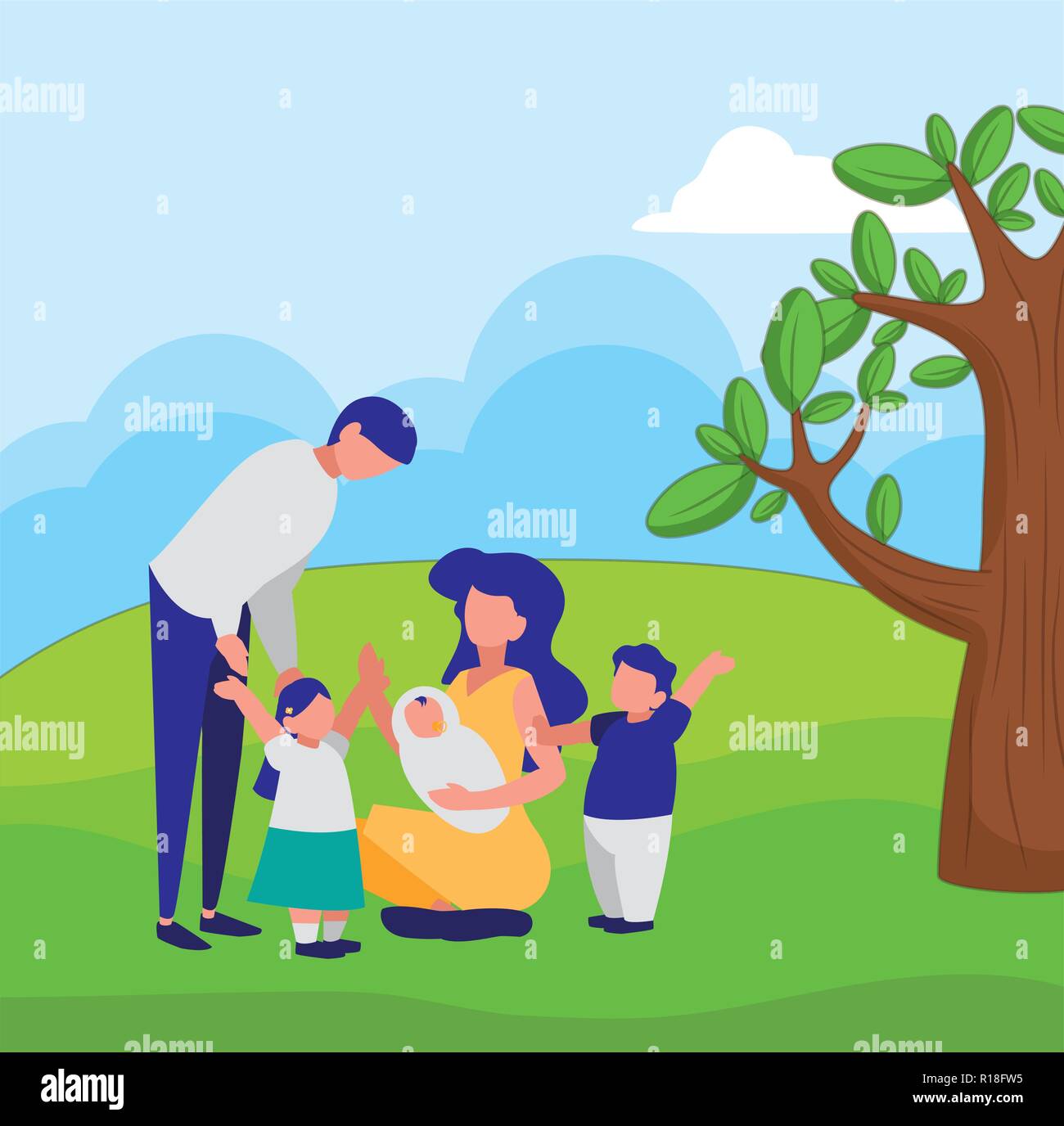 Happy family with kids over landscape, colorful design. vector ...