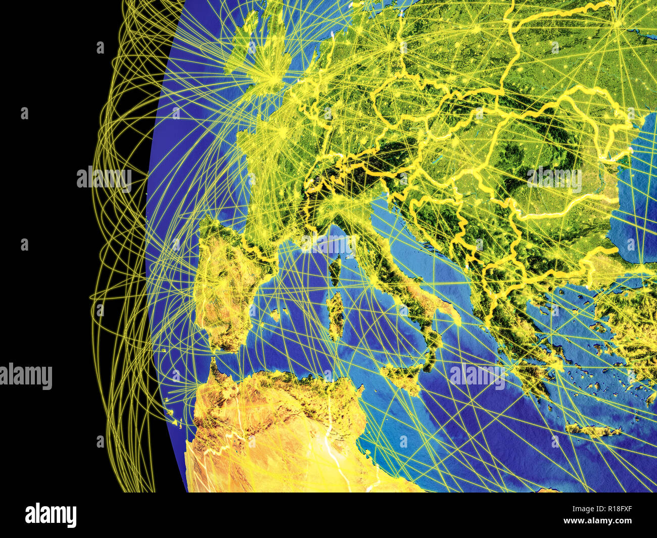 Southern Europe from space on planet Earth with lines representing ...