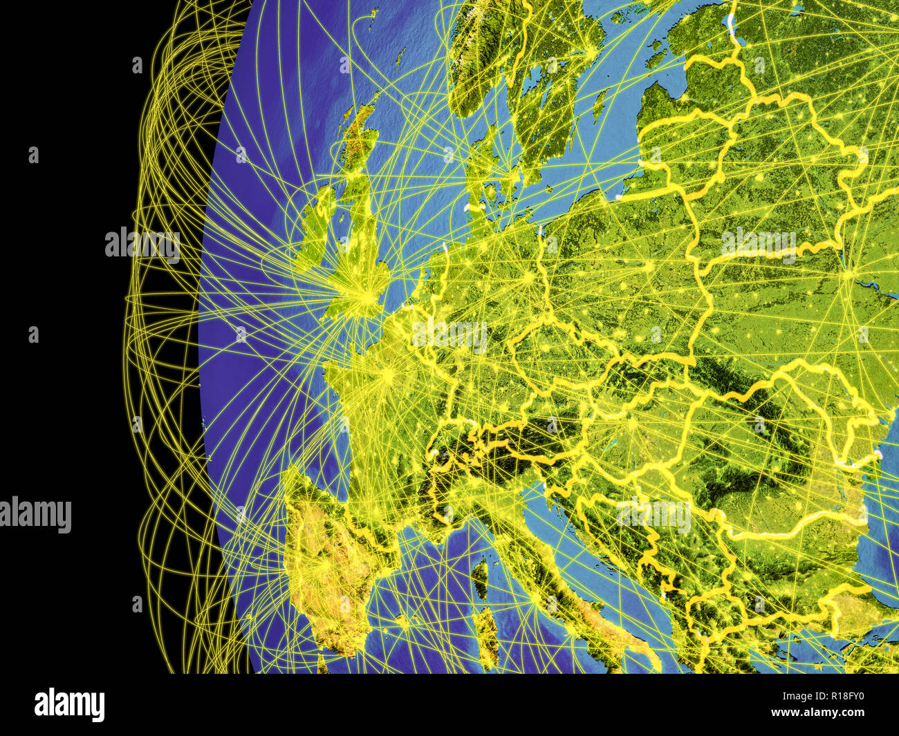 Central Europe from space on planet Earth with lines representing ...