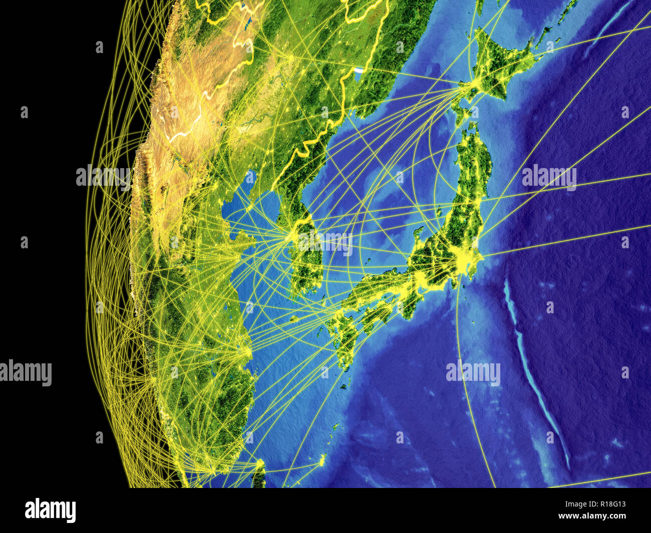Japan and Korea from space on planet Earth with lines representing ...