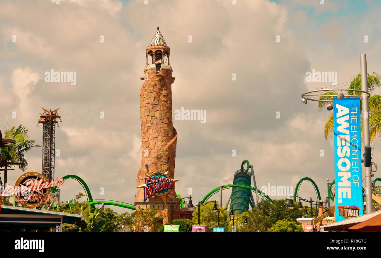 Orlando, Florida; July 29,2018 Adventure Island lighthouse and Hulk ...
