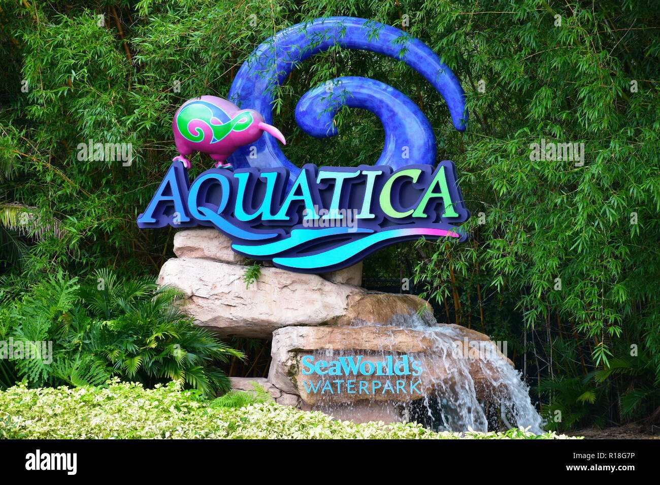 Orlando, Florida; July 27, 2018 Aquatica Water Park sign in ...