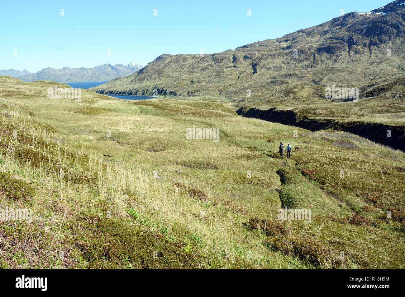Two indigenous Unangan (Aleut) youth hiking along an ancient trail to ...
