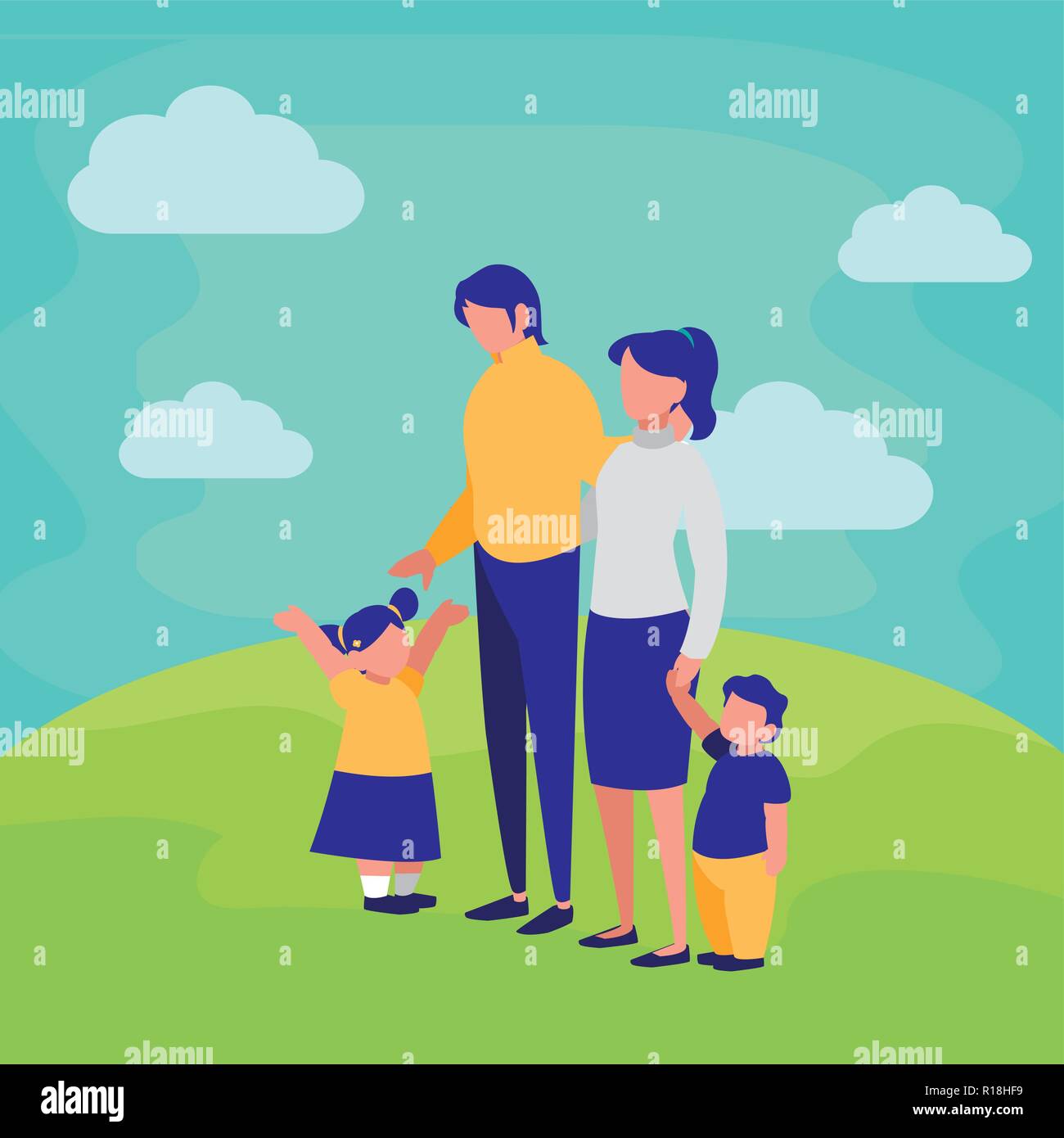 Happy family with kids over landscape, colorful design. vector ...