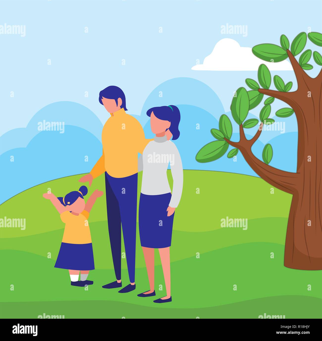 Happy family with kids over landscape, colorful design. vector ...