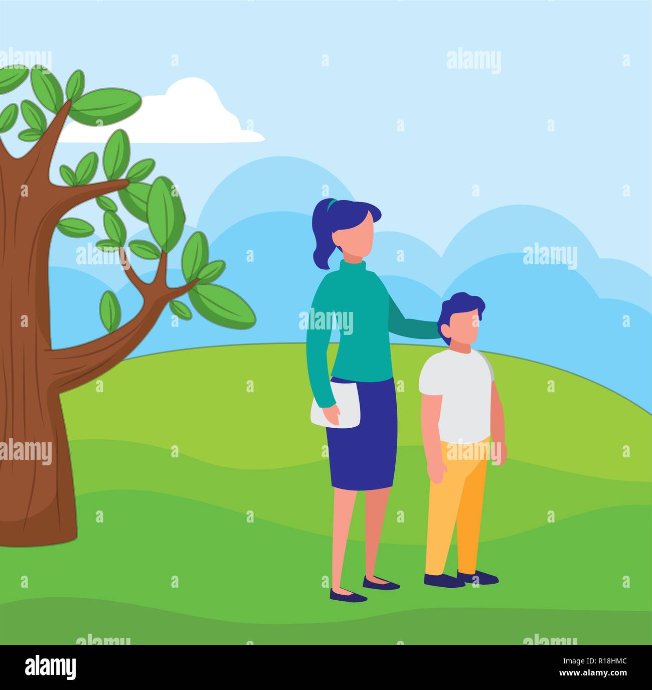 avatar mother with her son over landscape background, vector ...