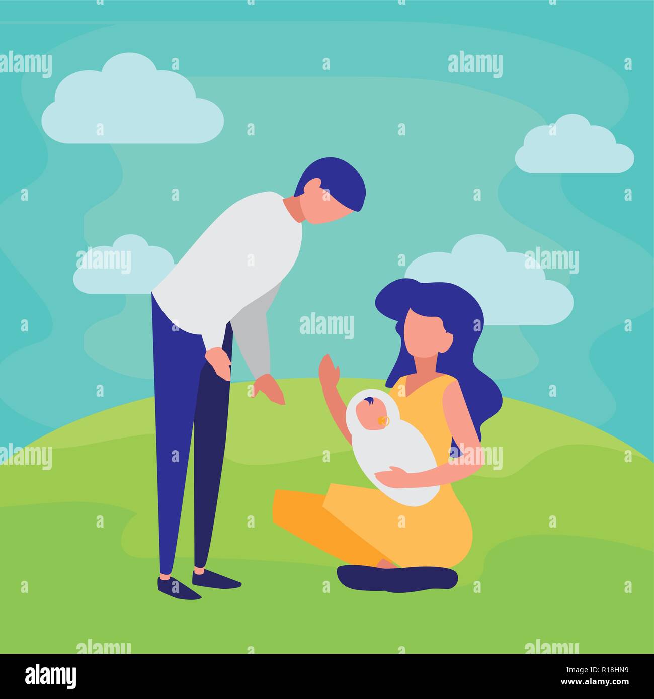 mother and father with baby newborn over landscape background, vector ...