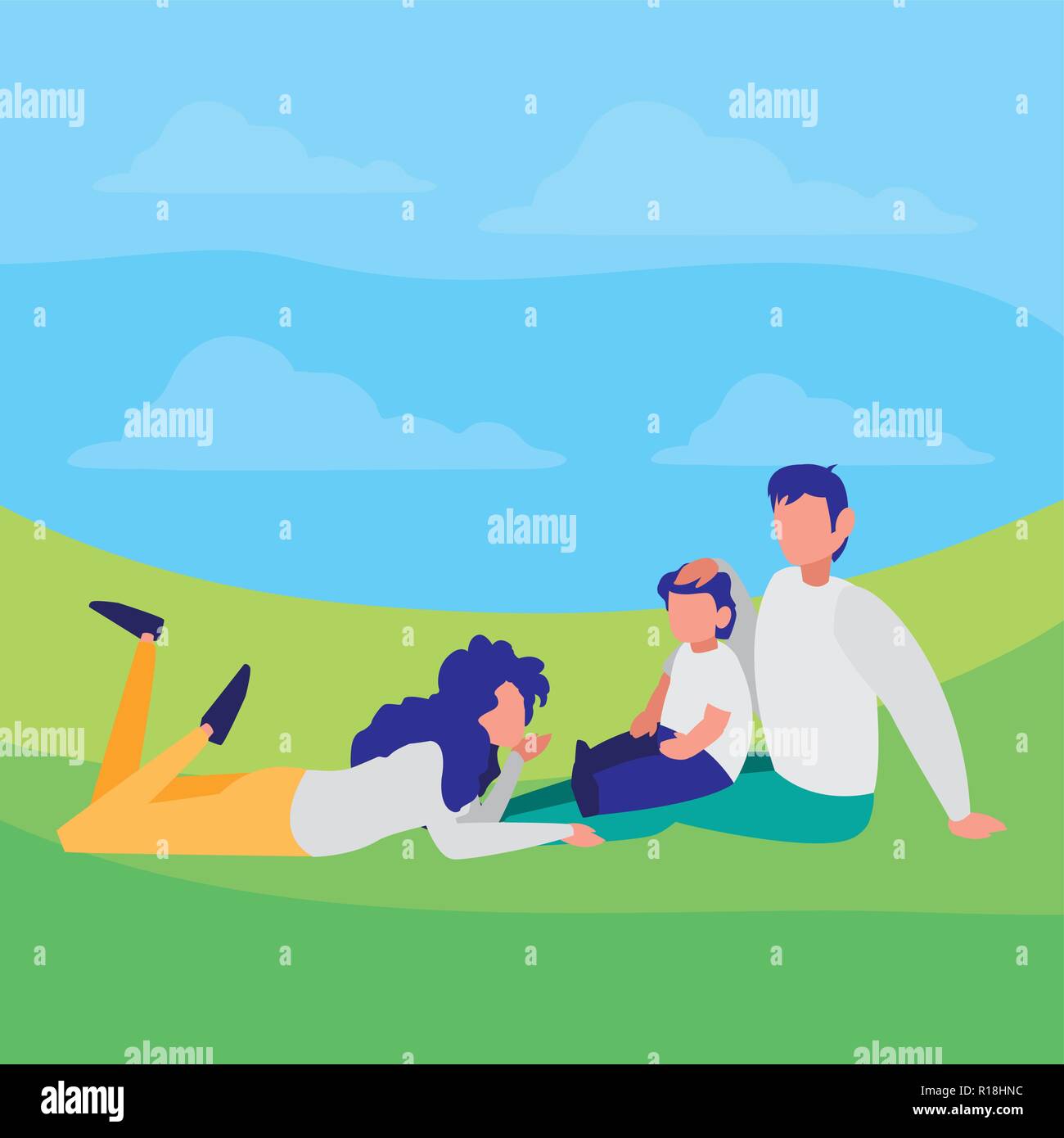 Happy family with kids over landscape, colorful design. vector ...