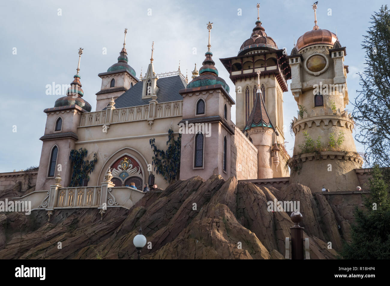 Front view of the caste with towers of the Symbolica attraction ride in ...