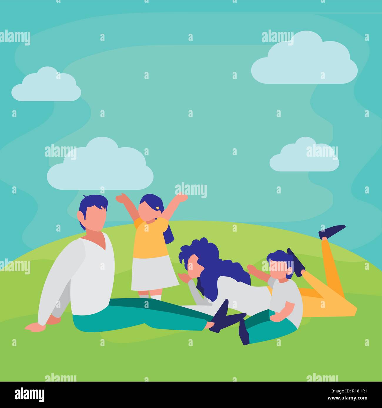 Happy family with kids over landscape, colorful design. vector ...
