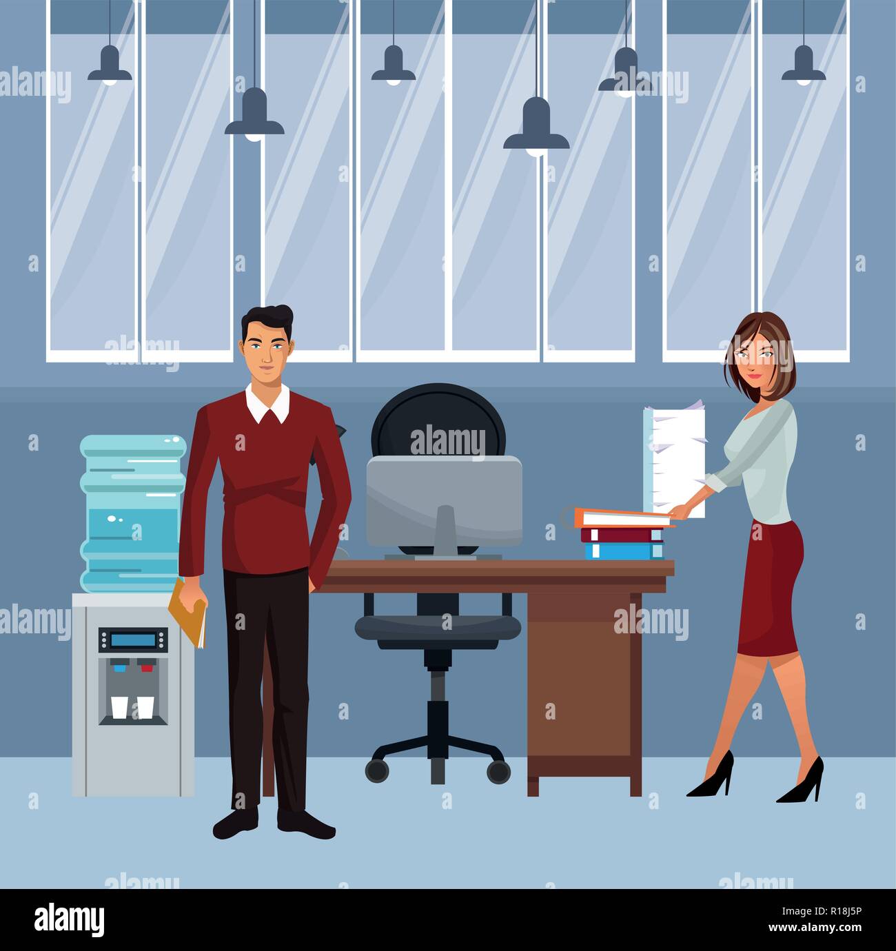 Secretary holding sheets and business in desk with computer inside ...