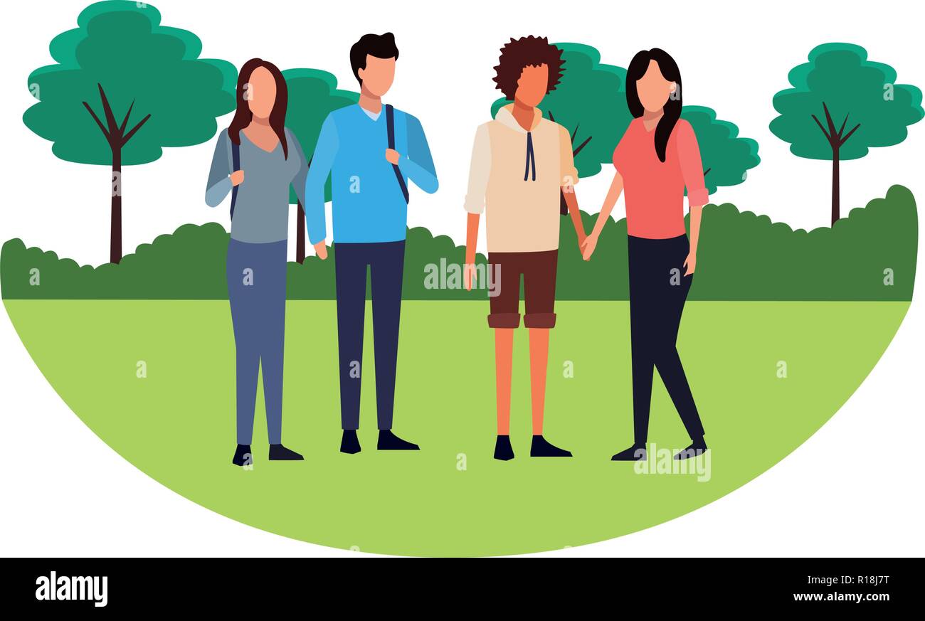 Young couples of friends meeting on nature park with trees vector ...