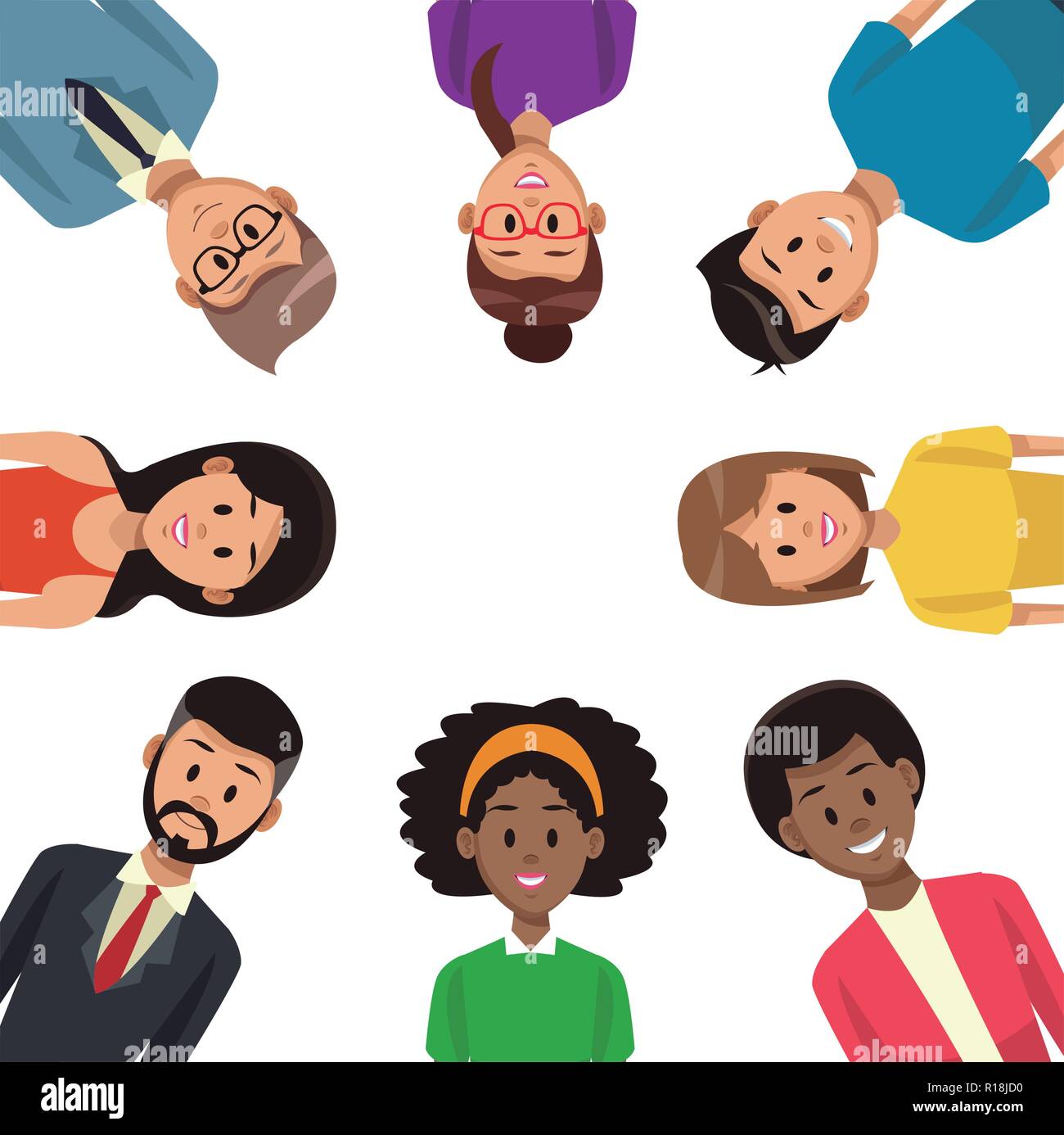 Young women and men around cartoons vector illustration graphic design ...