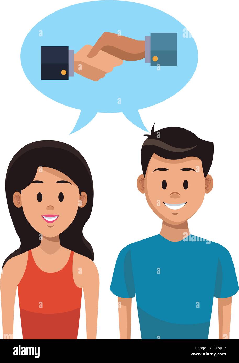 Young couple woman and man cartoon with handshake on speech bubbles ...