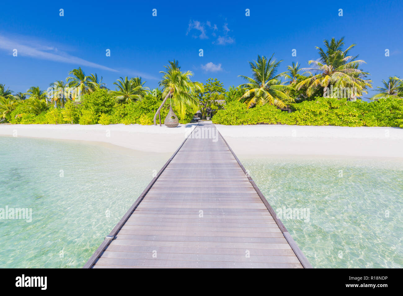 Amazing beach landscape, long jetty into the palm trees. Maldives ...