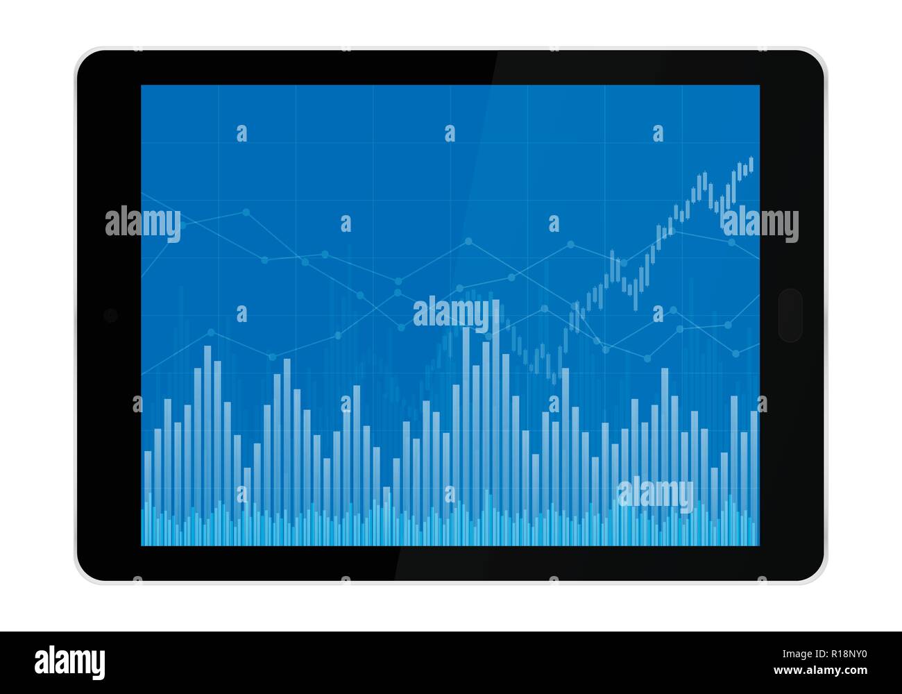 An illustration of a black realistic tablet with a touch screen and a ...