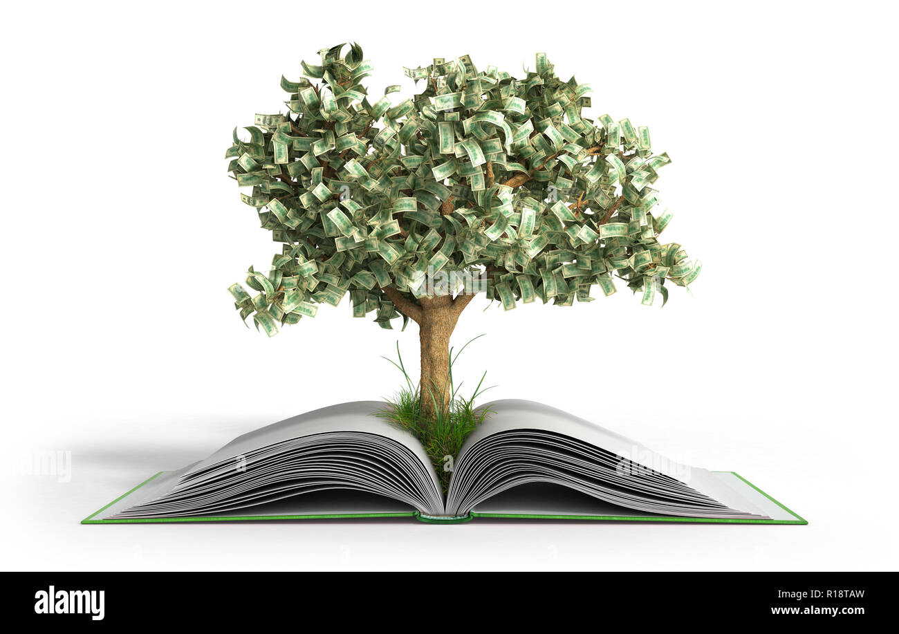 tree growing from book A big open book with coins and tree Reading ...