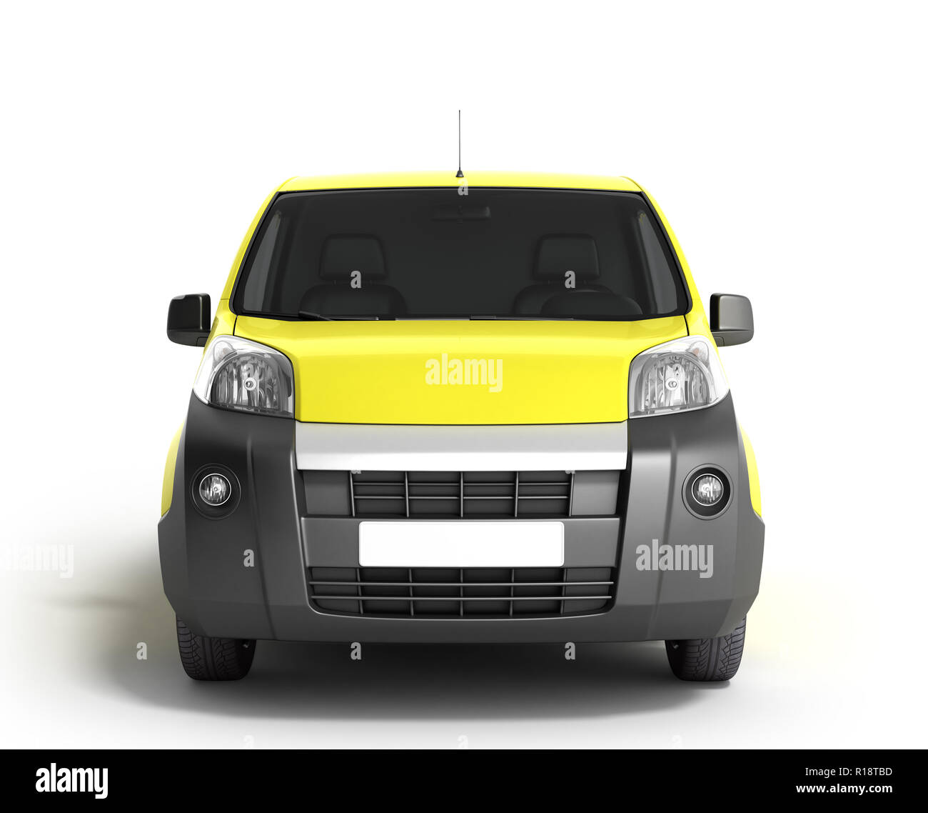 Yellow delivery car in front on a white background 3D illustration ...