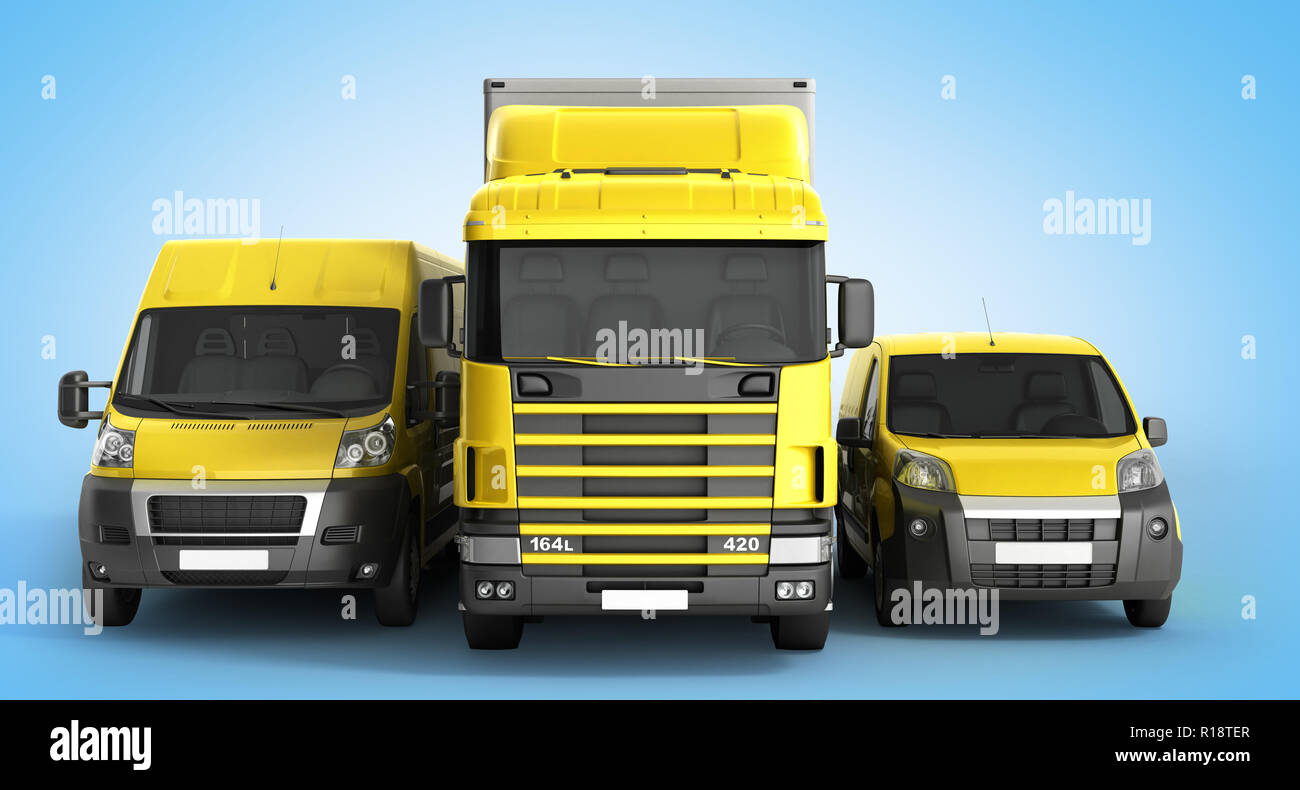 3D illustration of a truck a van and a lorry against a gradient ...