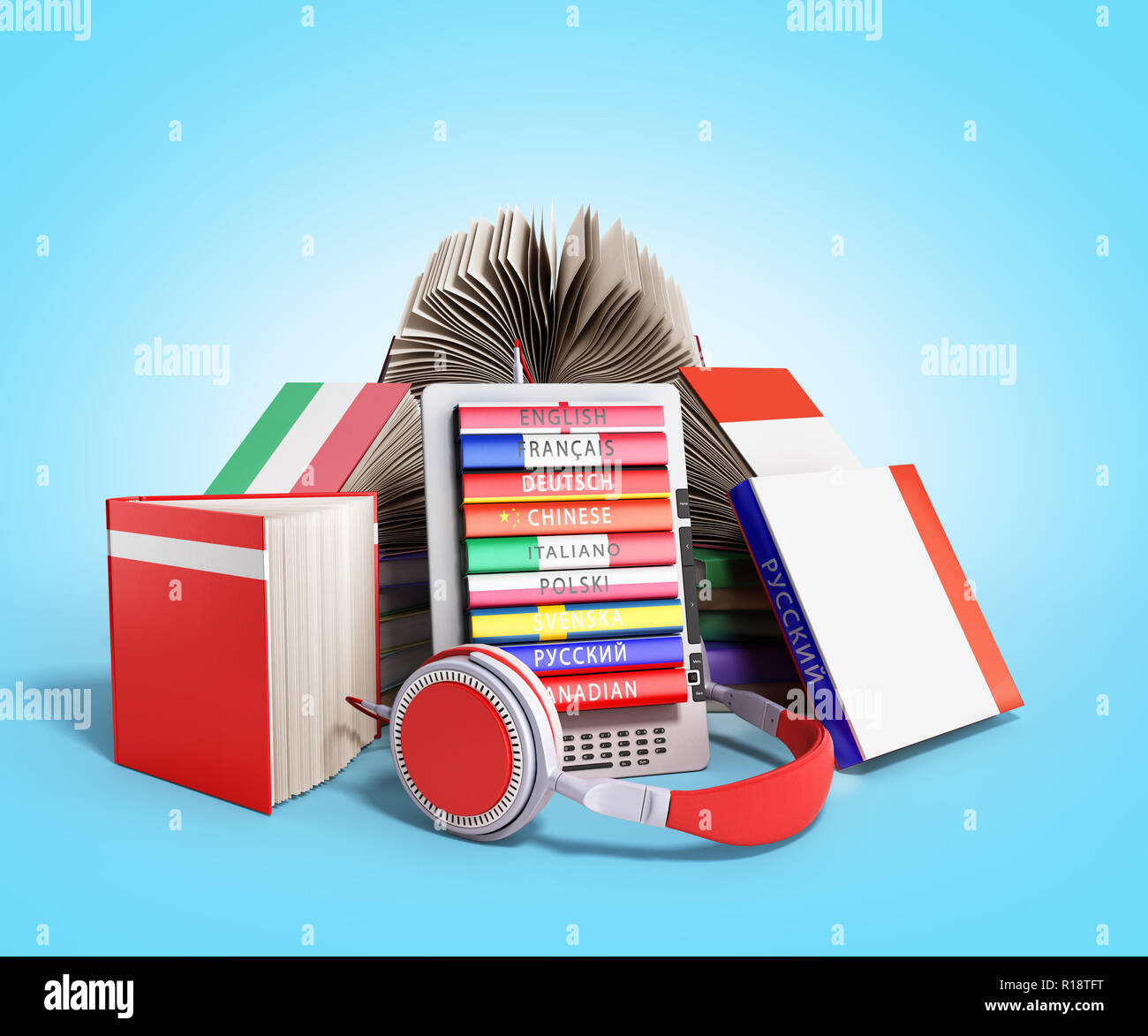 e-book audio learning languages and Books 3d render on blue gradient ...