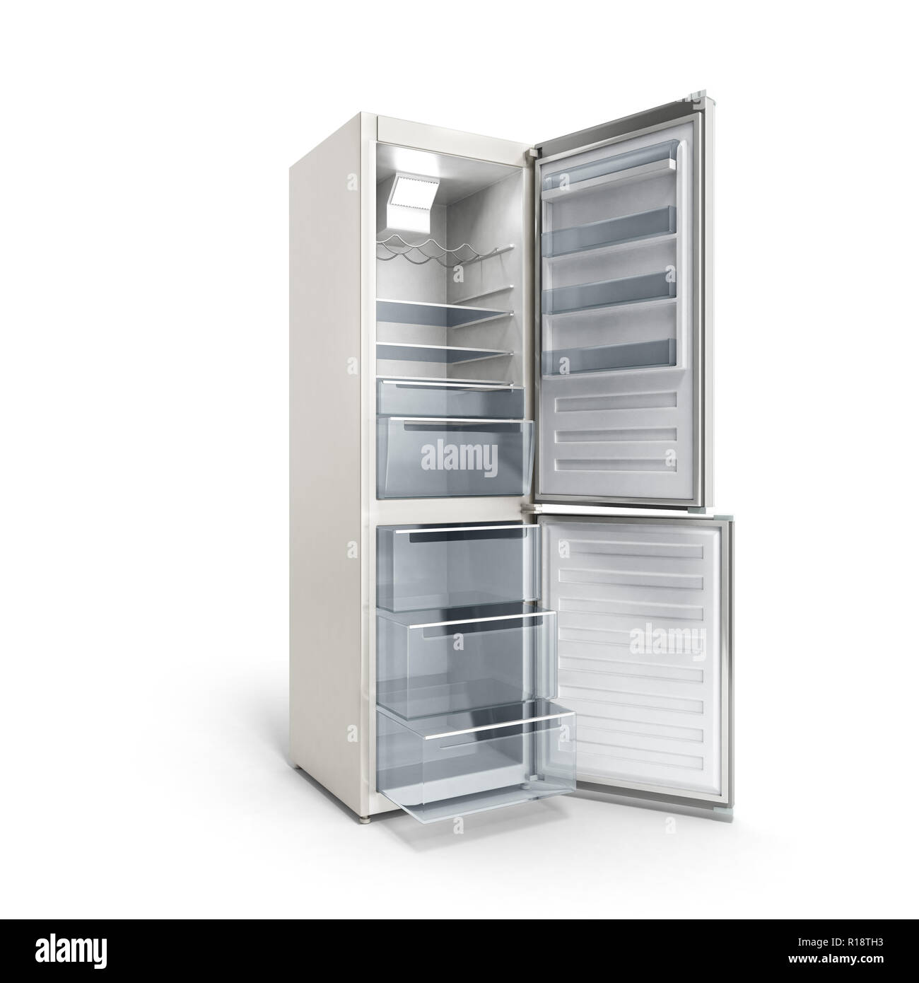 Stainless steel modern open refrigerator on white 3d illustration Stock ...