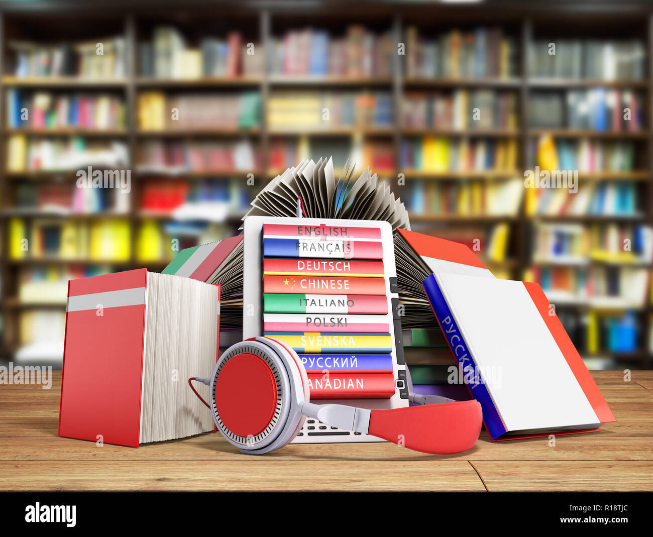 e-book audio learning languages and Books 3d render library background ...