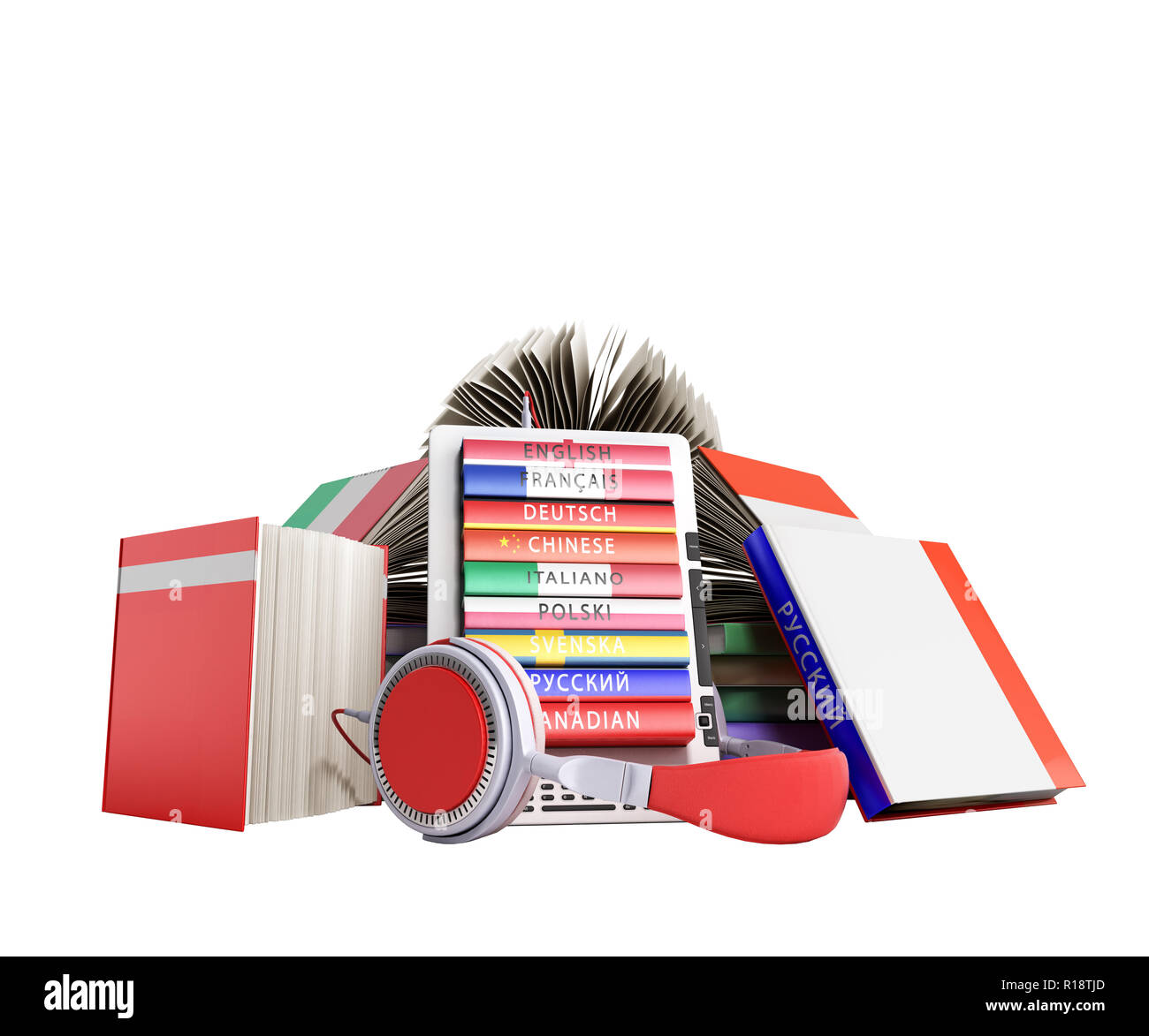 e-book audio learning languages and Books 3d render no shadow Stock ...