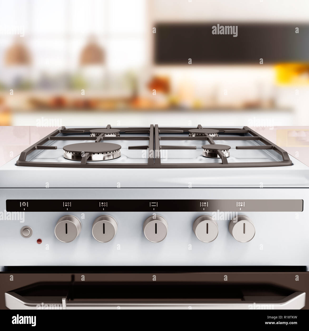 Gas stove 3d render kitchen background Stock Photo - Alamy