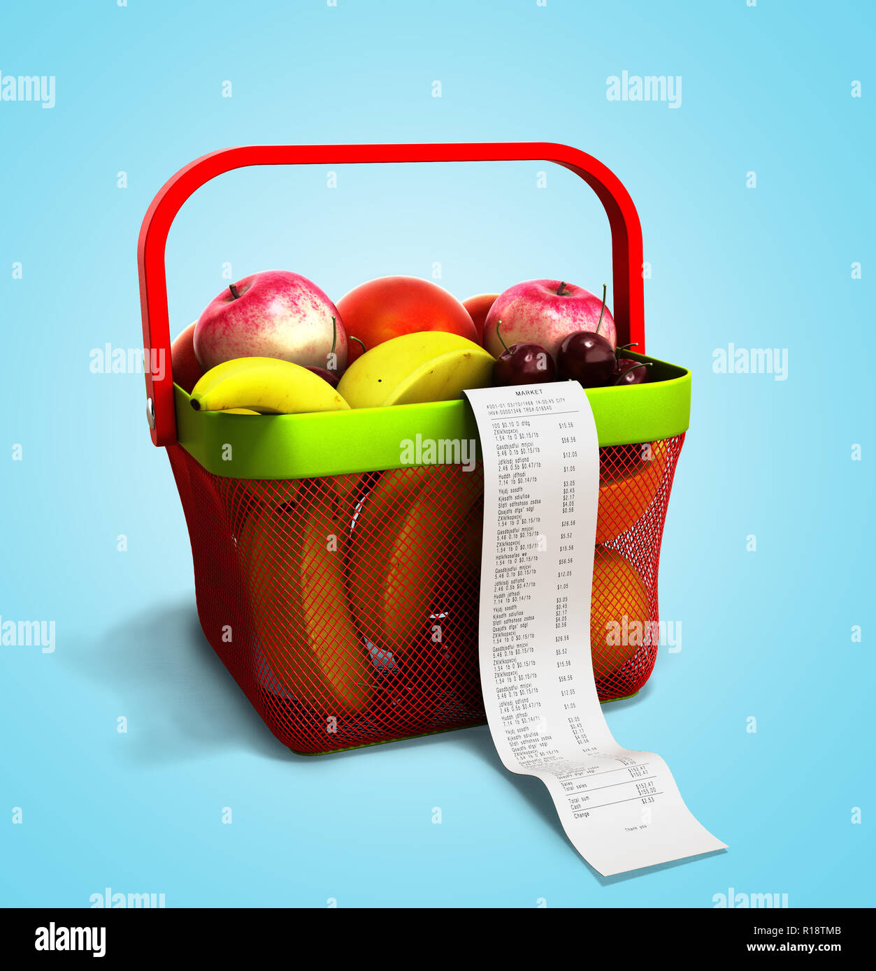 shopping basket full of fresh fruit with a check 3d render on blue ...