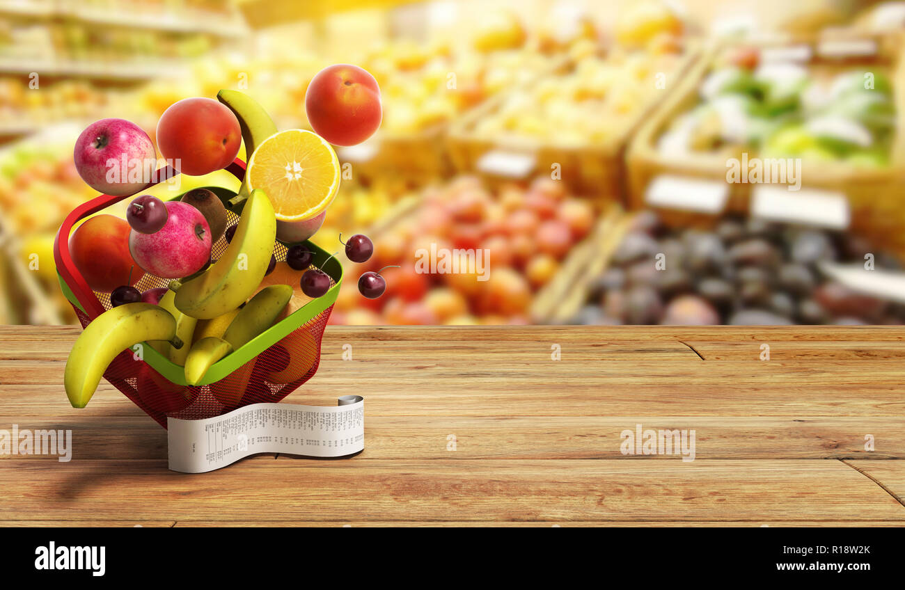 shopping basket full of fresh fruit with a check 3d render as bacgrund ...