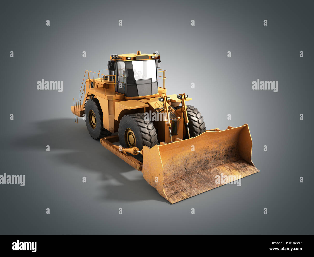 Yellow wheels Bulldozer 3d render on grey Stock Photo - Alamy