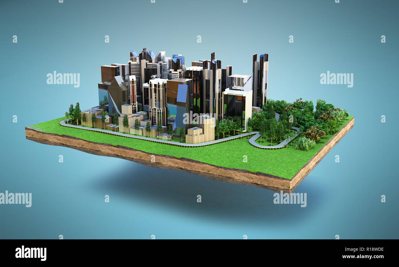 Image of a modern city surrounded by nature landscape 3d render on blue ...