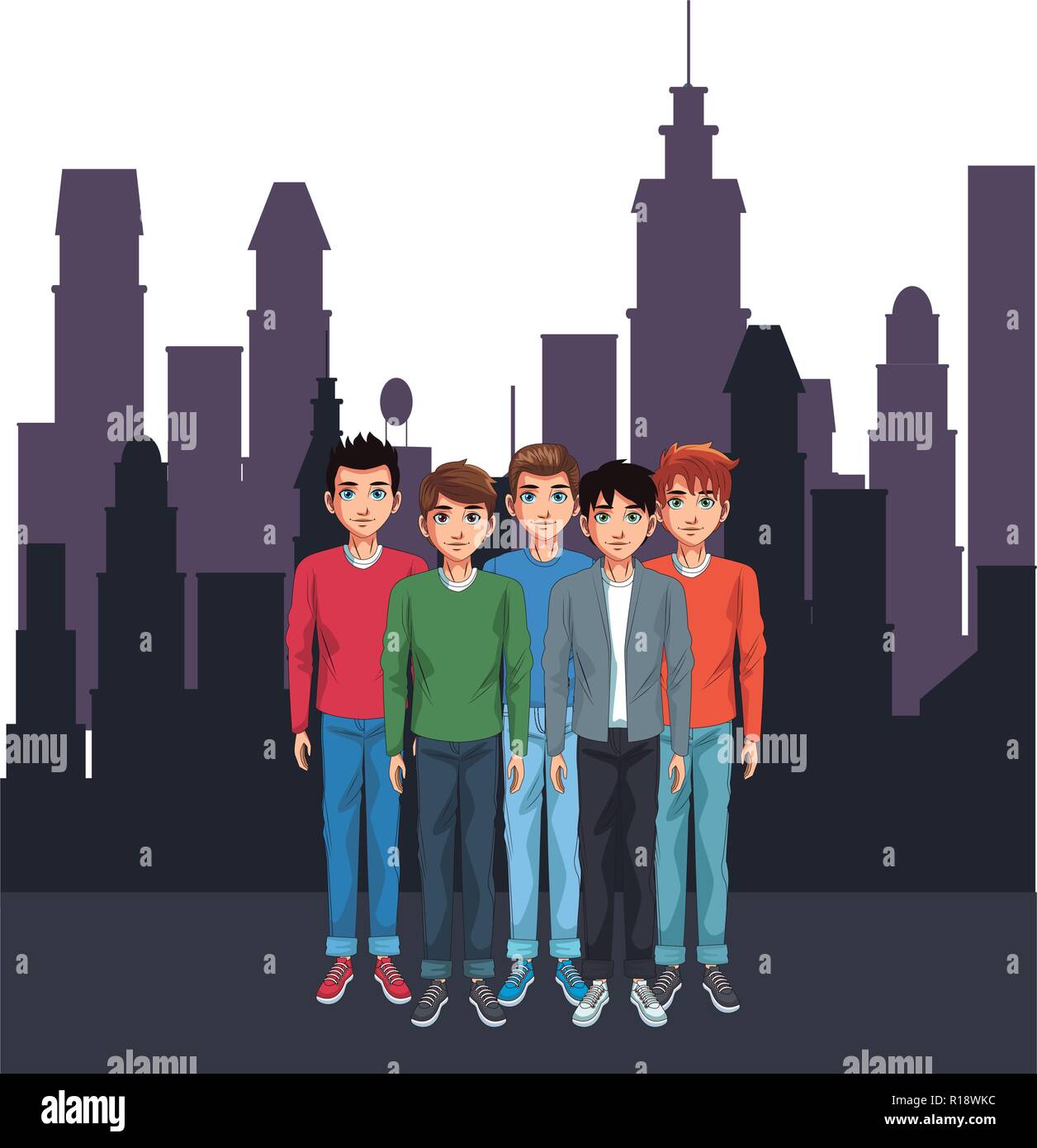 friends young mens group in front city night landscape cartoon vector ...