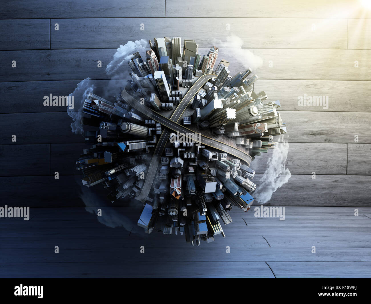 megalopolis aerial view 3d render image on wood with clouds Stock Photo ...
