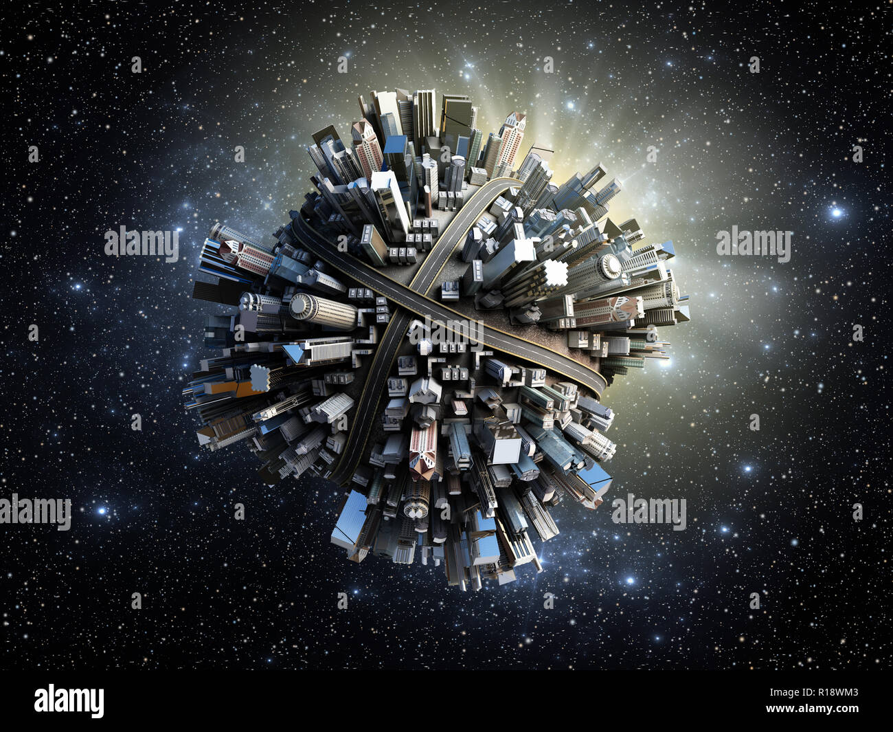 megalopolis aerial view 3d render image in space Stock Photo - Alamy