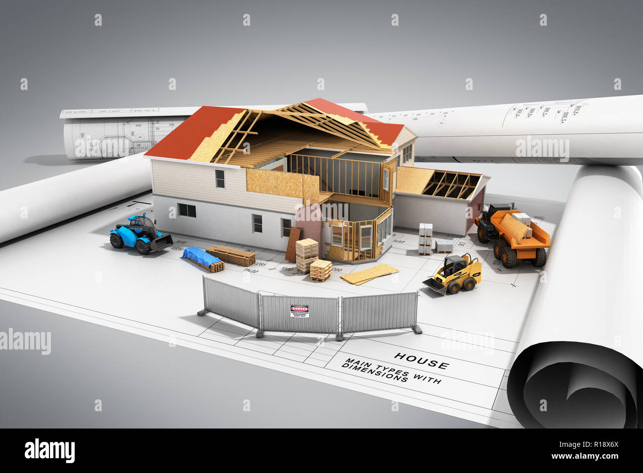 construction concept House in building process Three-dimensional image ...