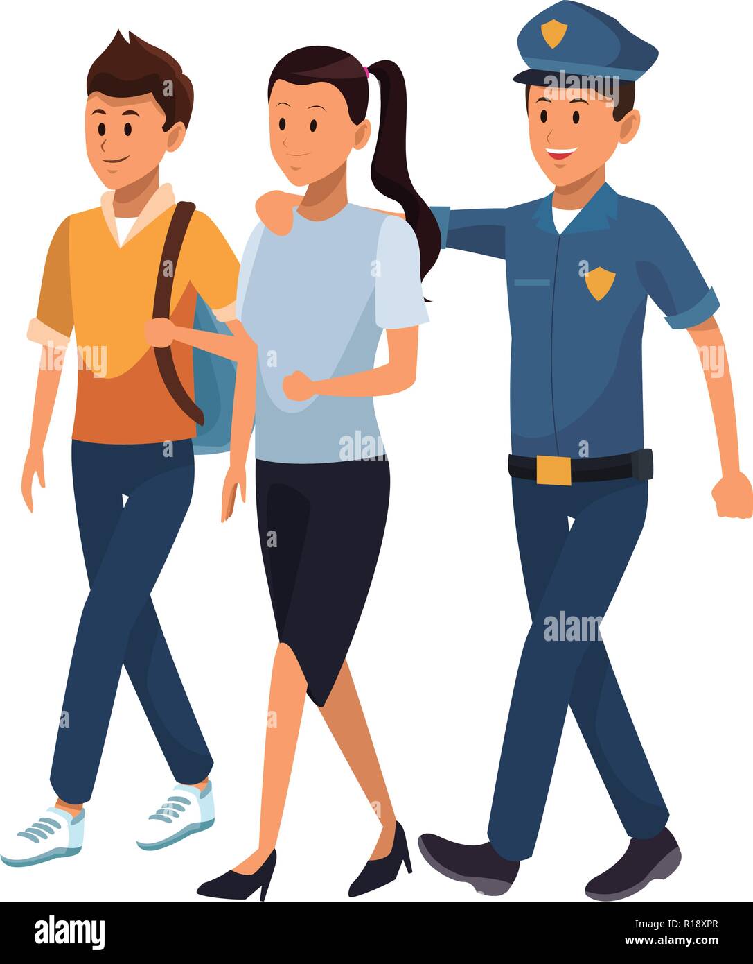 young man with woman and police officer cartoon vector illustration ...