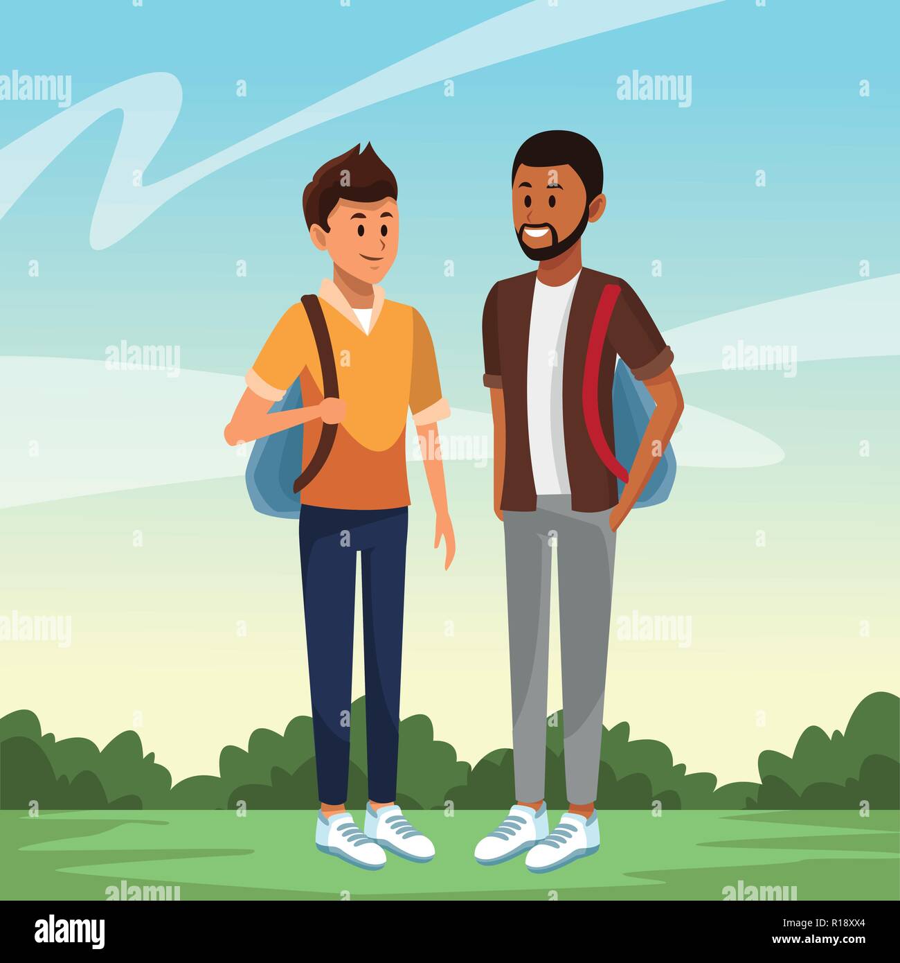 friends young men over nature field in front sky landscape cartoon ...