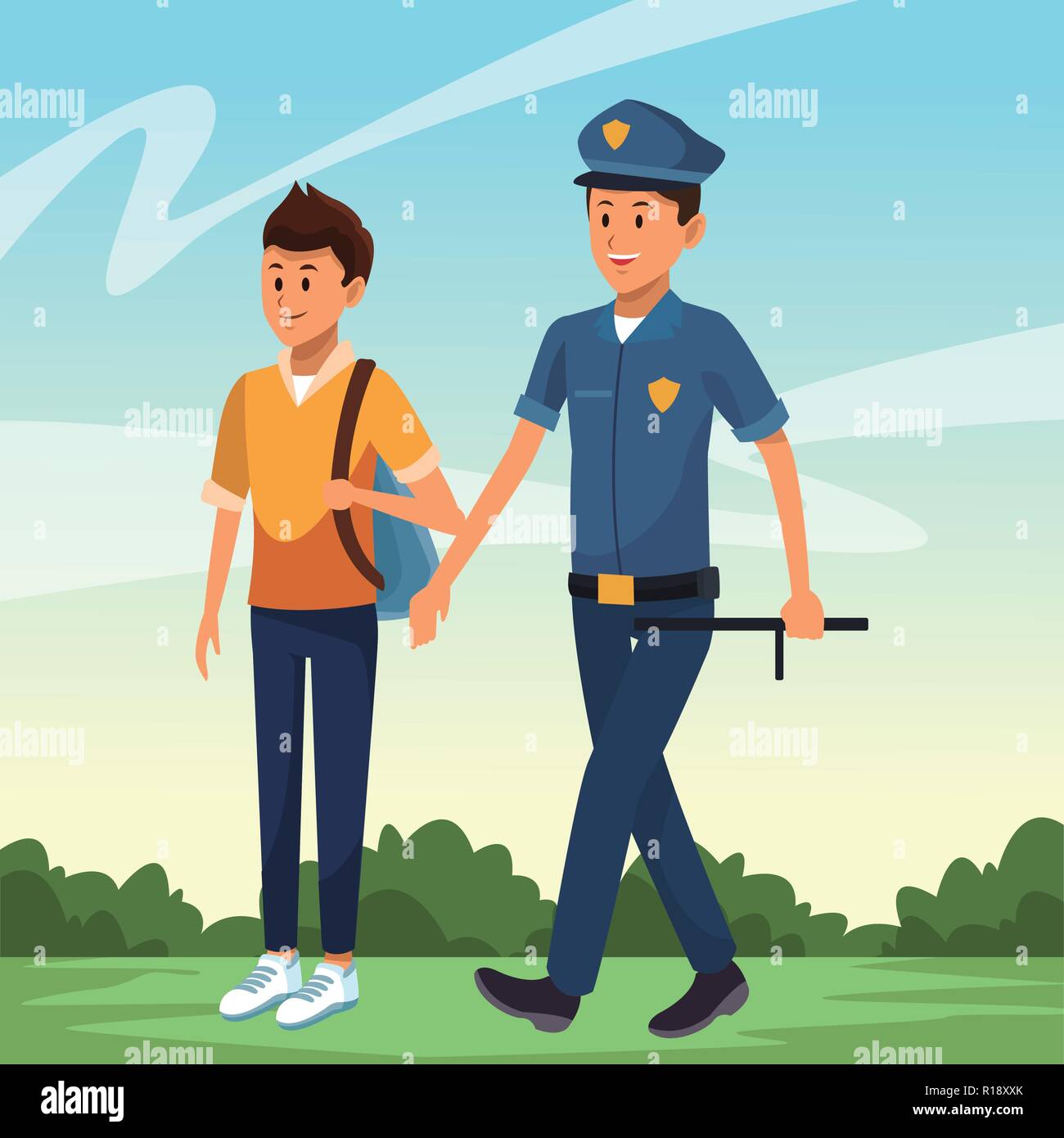 young man with police officer over nature field cartoon vector ...
